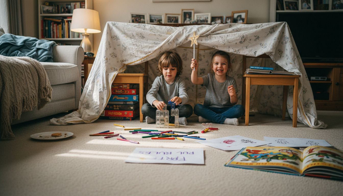 Children building sheet fort in living room