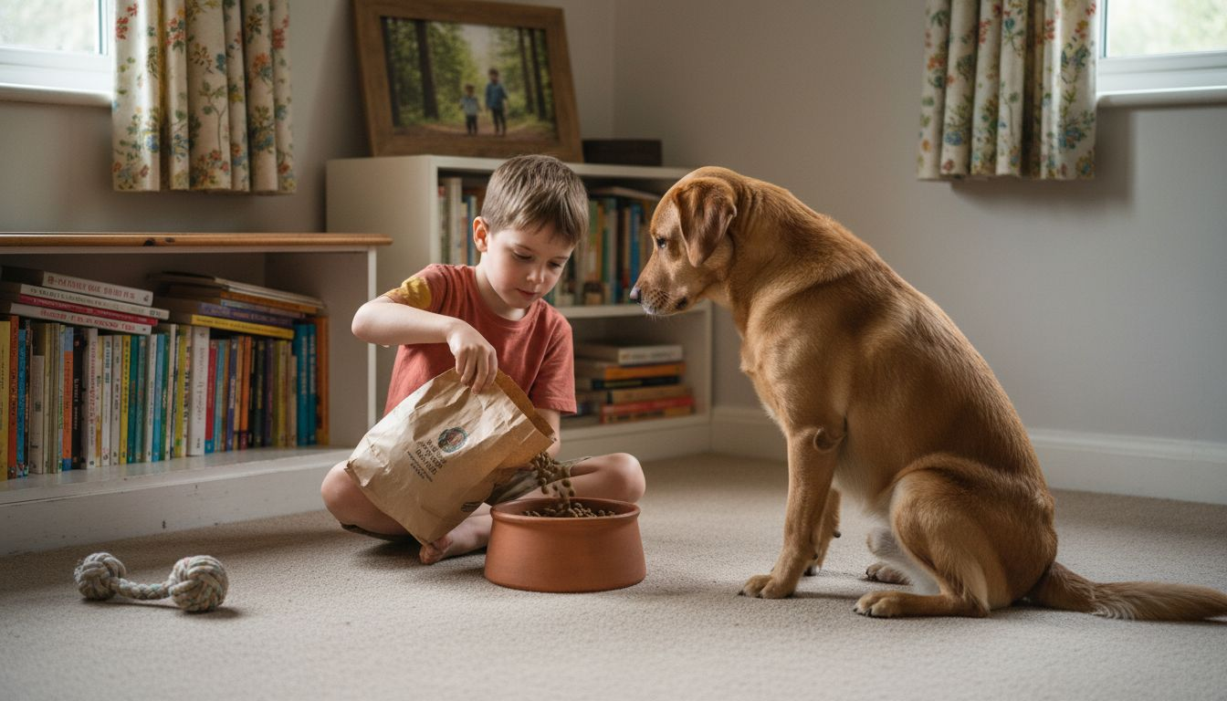 Boy feeding pet in lived-in living room