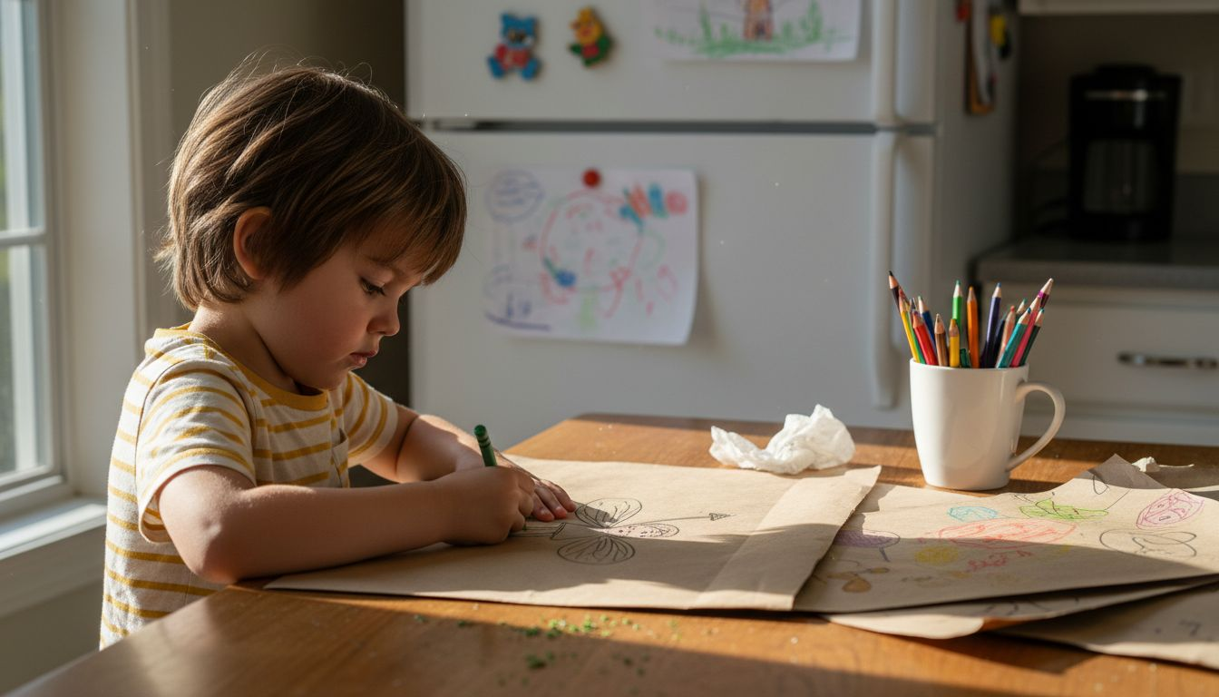 Child sketching fairy template at home table