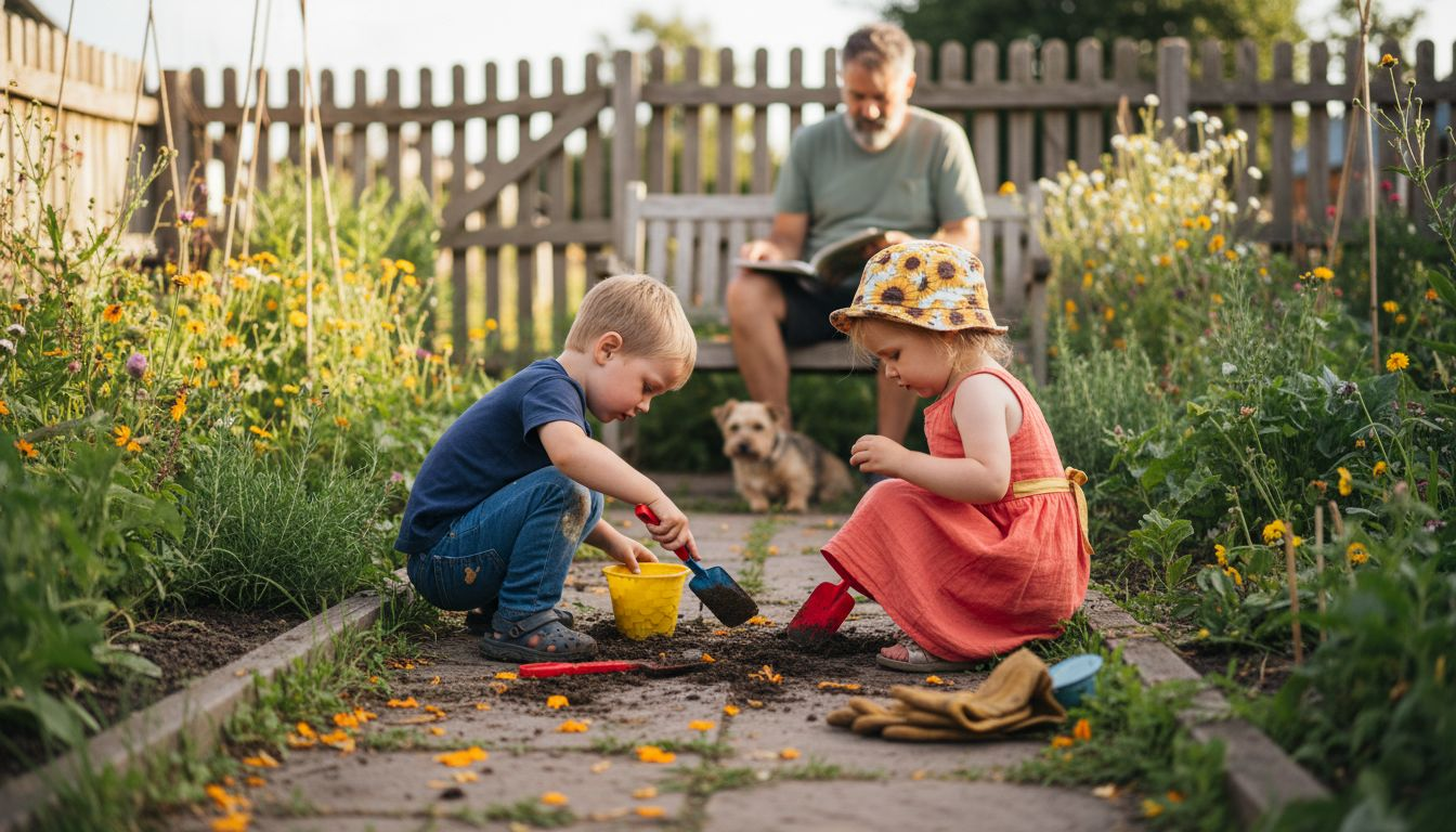 Children digging in community garden with parent