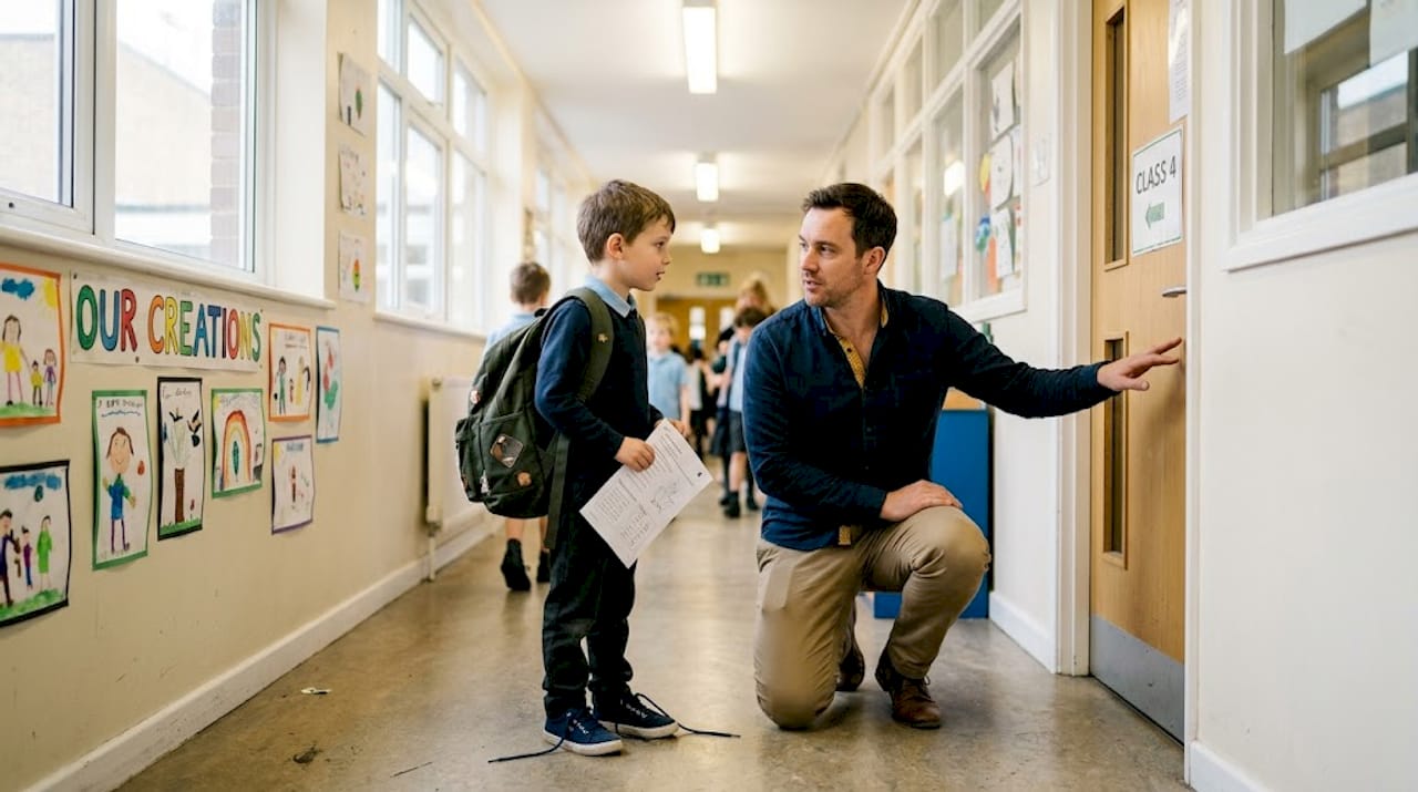 Teacher responds to child’s question in hallway