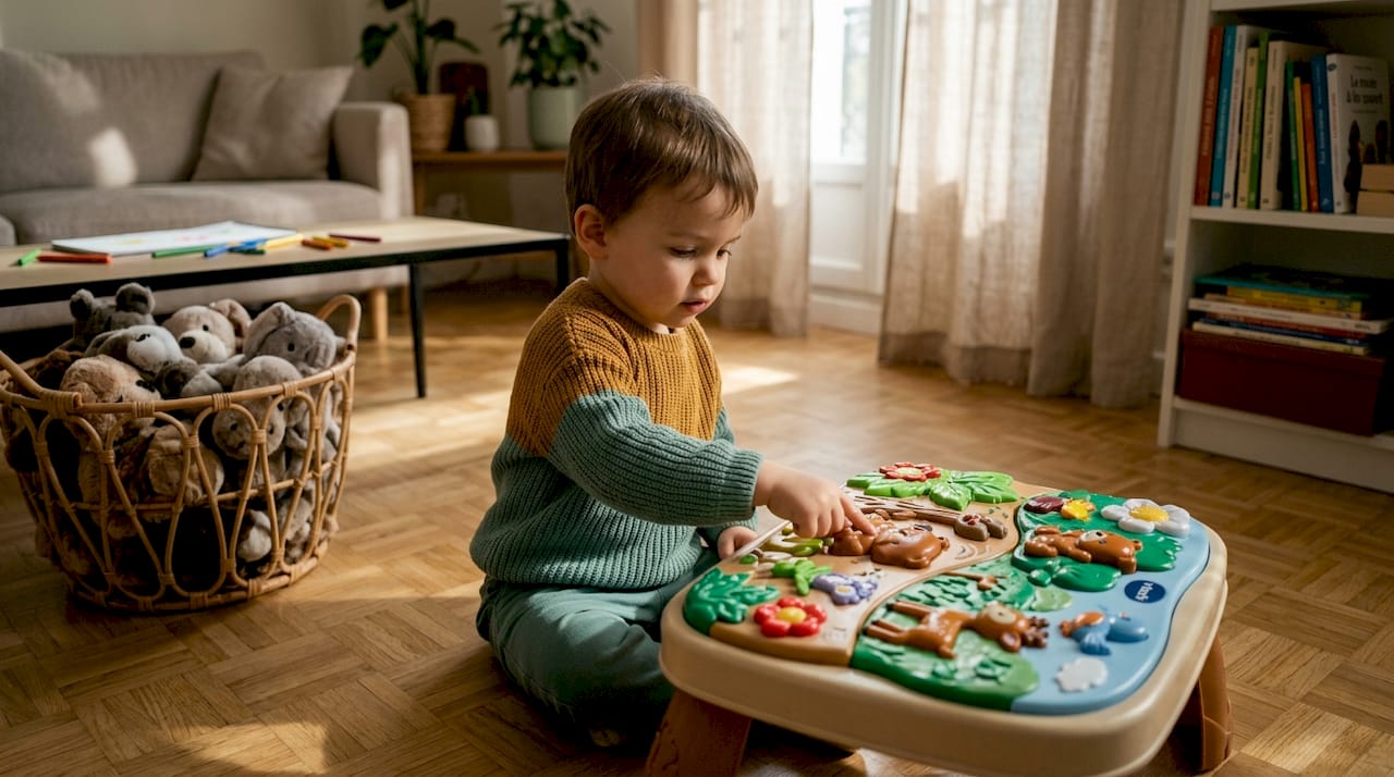 Un enfant s’amuse à découvrir une table d’activités VTech inspirée de ...