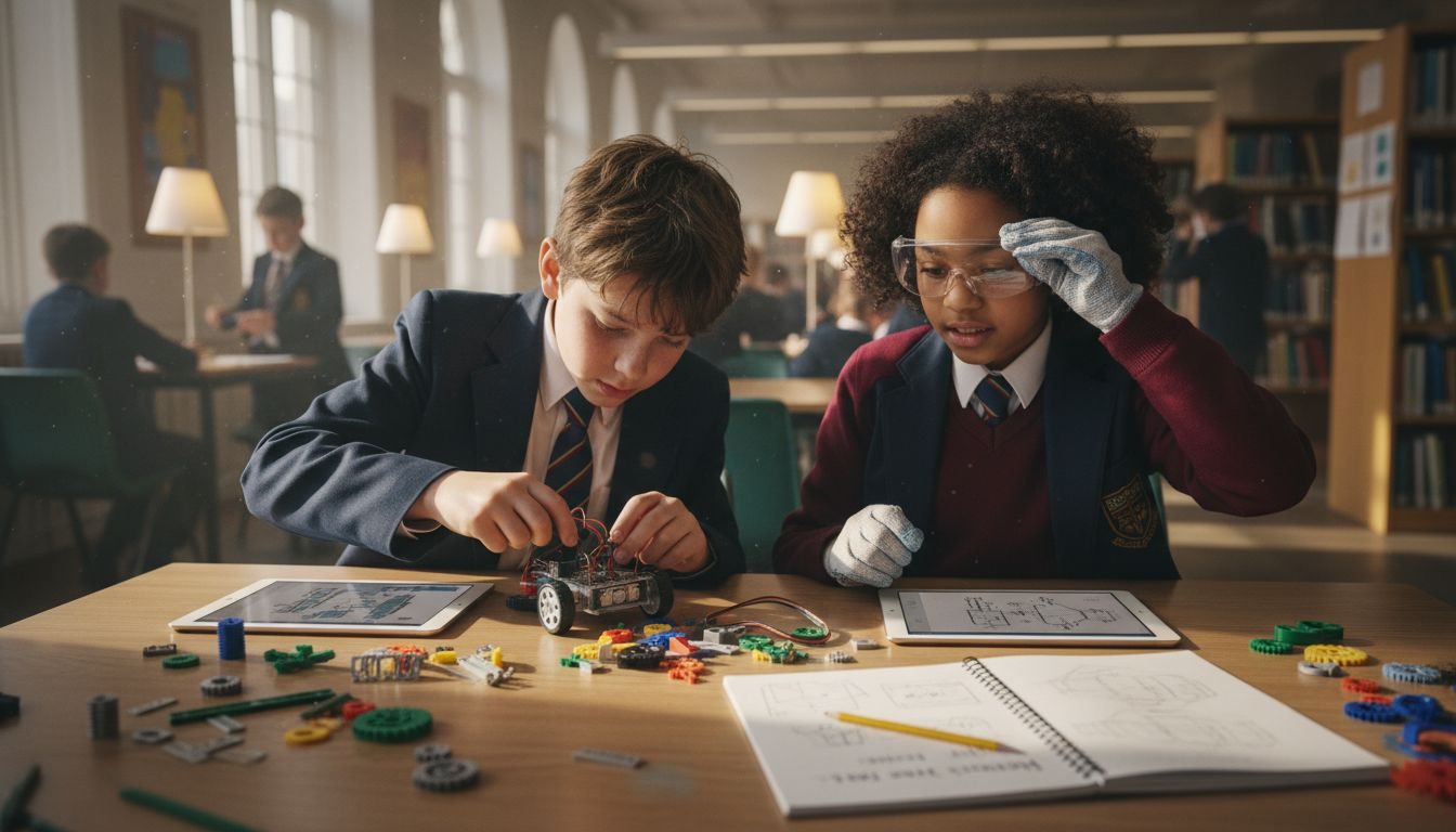 Students building robot with learning accessories